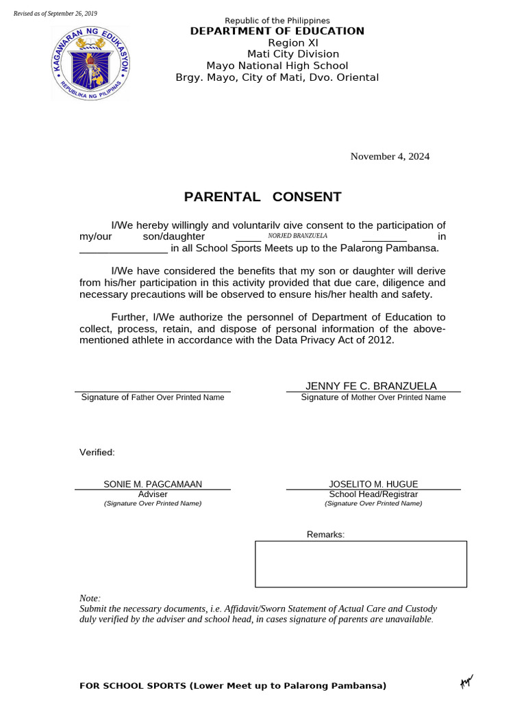 2020 Parents Consent Revised 2 - 1 1 | PDF | Evidence
