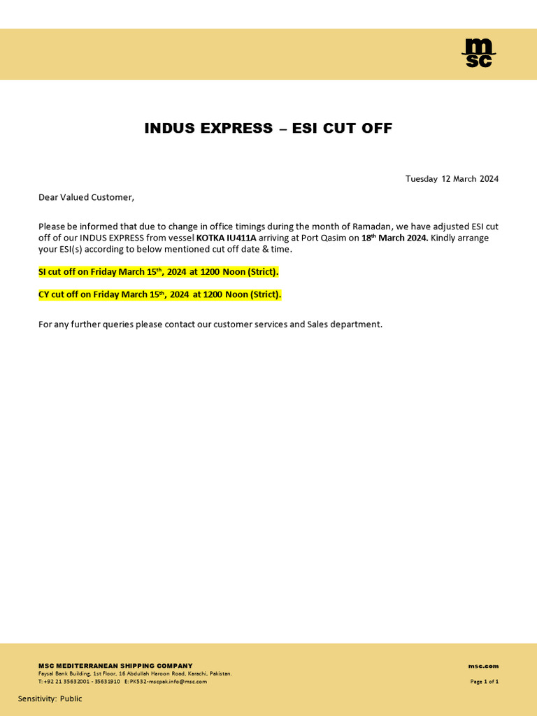 Customer Advisory - Indus Express Esi Cut Off During The Month of ...