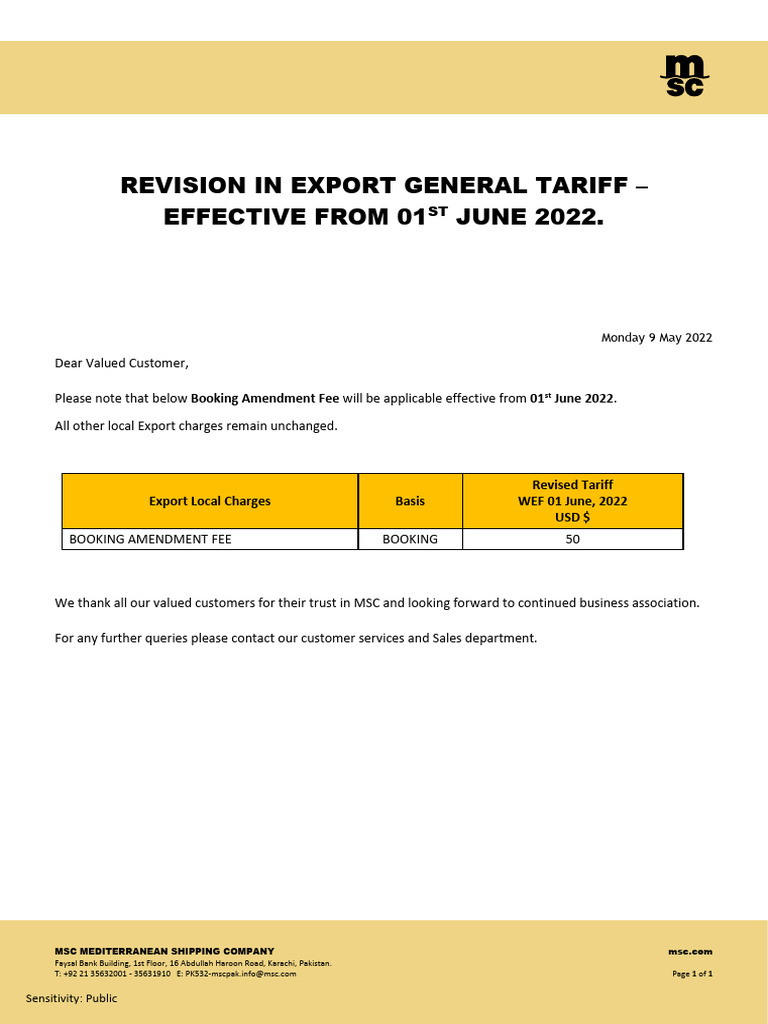 Customer Advisory - Export General Tariff Effective From 01st June 2022 ...