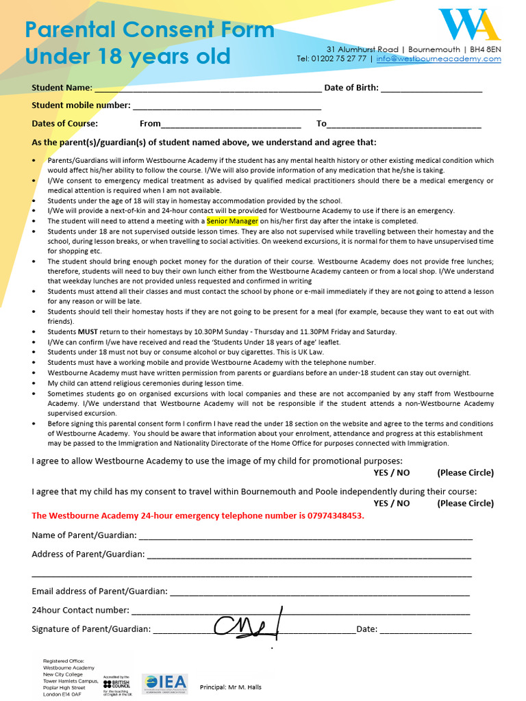 Parental Consent Form for Under 18 Students | PDF