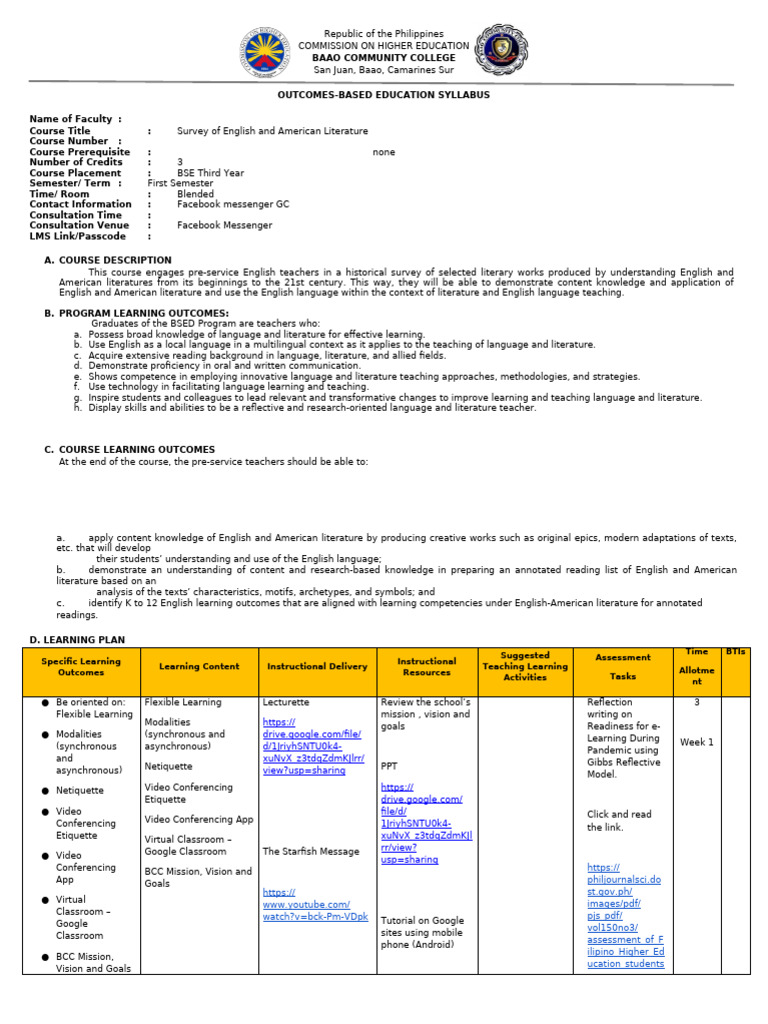 English and American Literature Syllabus | PDF | Poetry | Learning