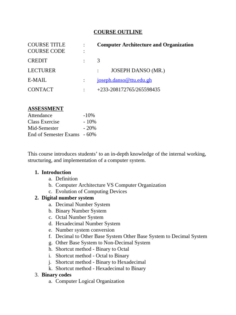 Computer Architecture Course Outline | PDF | Logic Gate | Binary Coded ...