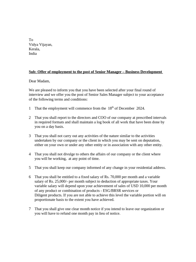 Offer Letter Vidya Vijayan Ver 2 | PDF | Business Law | Justice