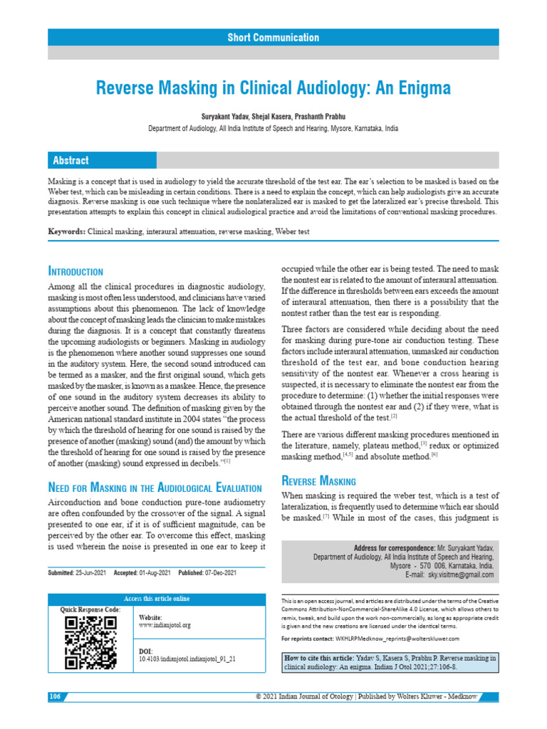 Reverse Masking in Audiology Explained | PDF | Hearing Loss | Hearing