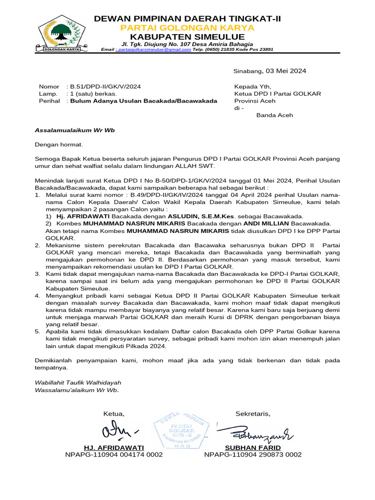 SURAT KEPADA DPD I PARTAI GOLKAR | PDF