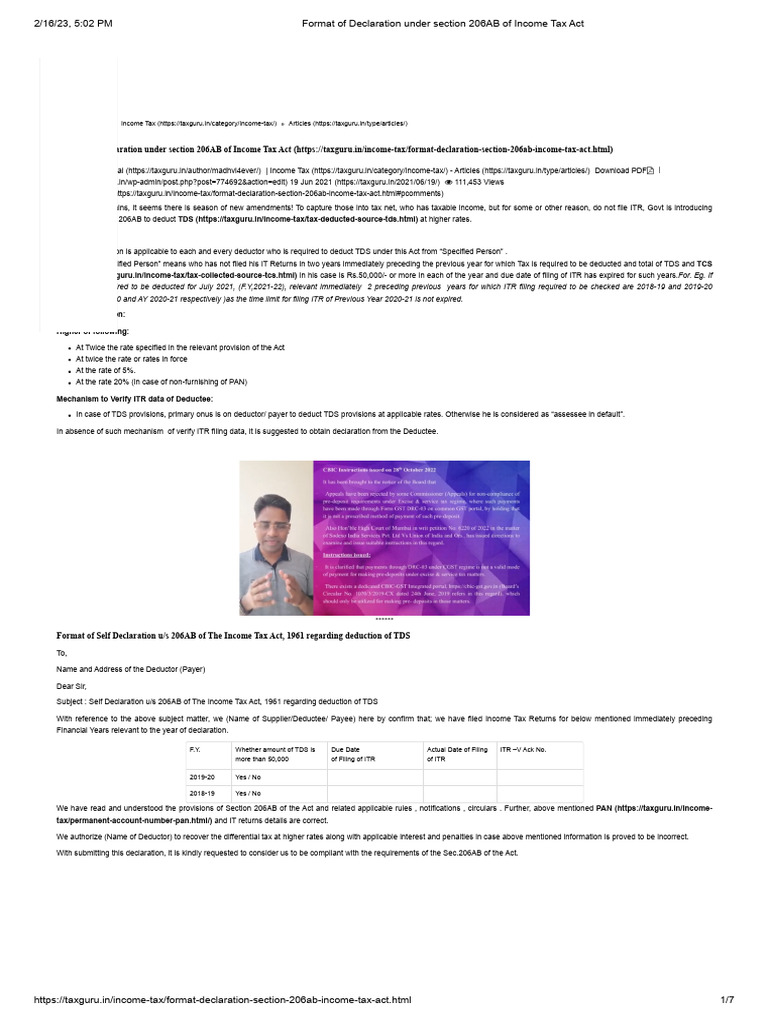 Format of Declaration Under Section 206AB of Income Tax Act | PDF ...