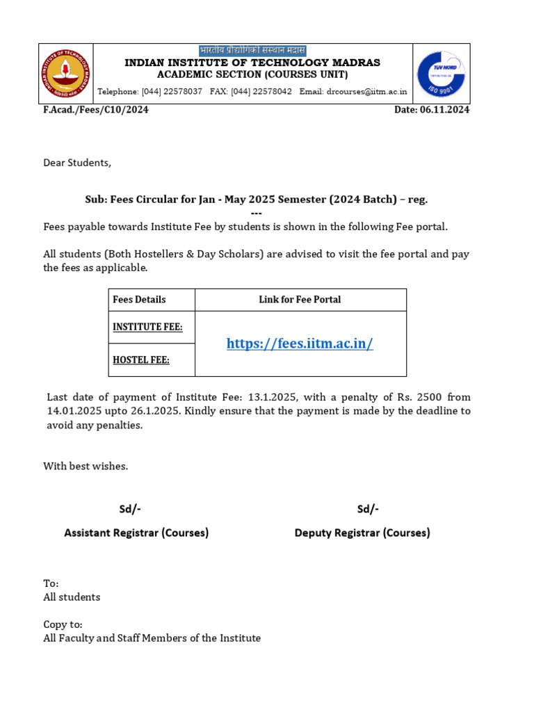 IITM Fee Payment Notice 2025 | PDF | Fee | Money