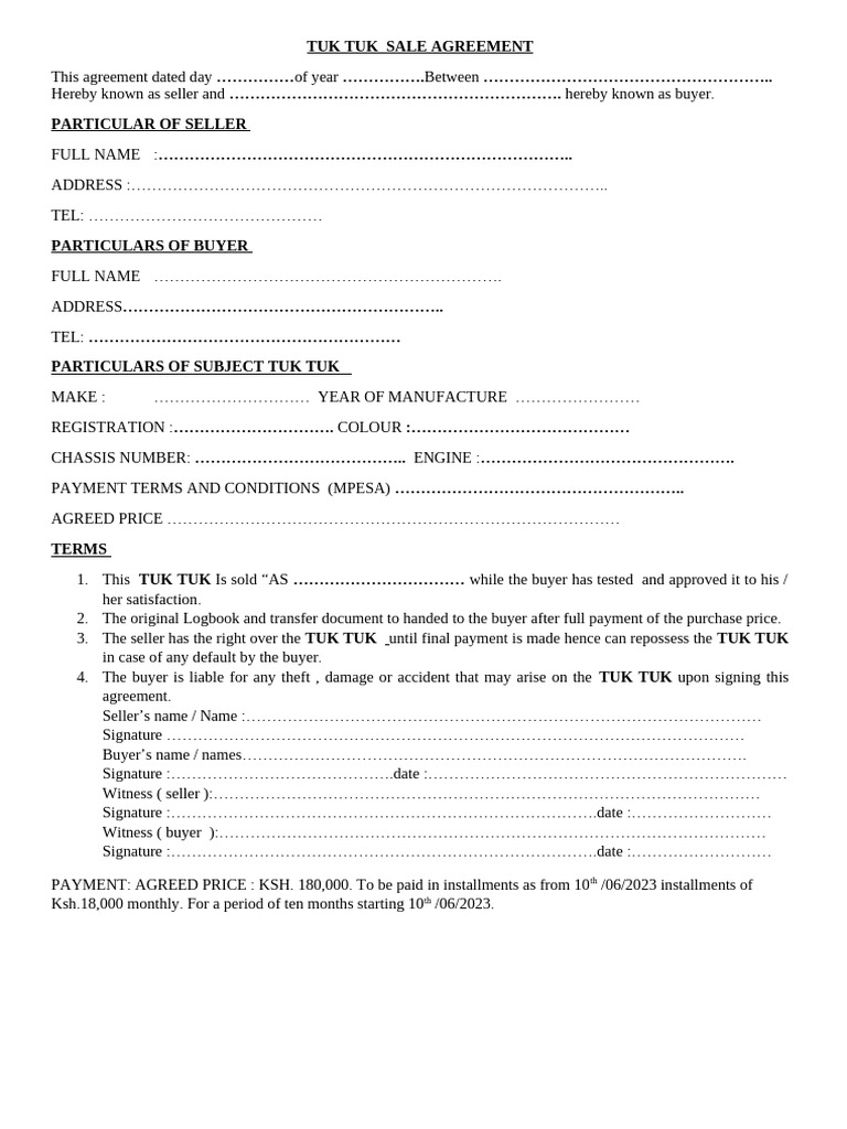 Tuk Tuk Sale Agreement Template | PDF