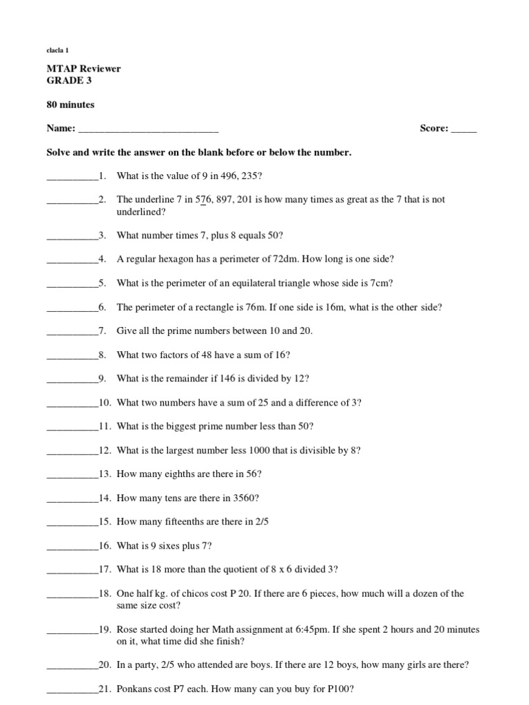 MTAP Reviewer Grade 3 | PDF | Elementary Mathematics | Teaching Mathematics