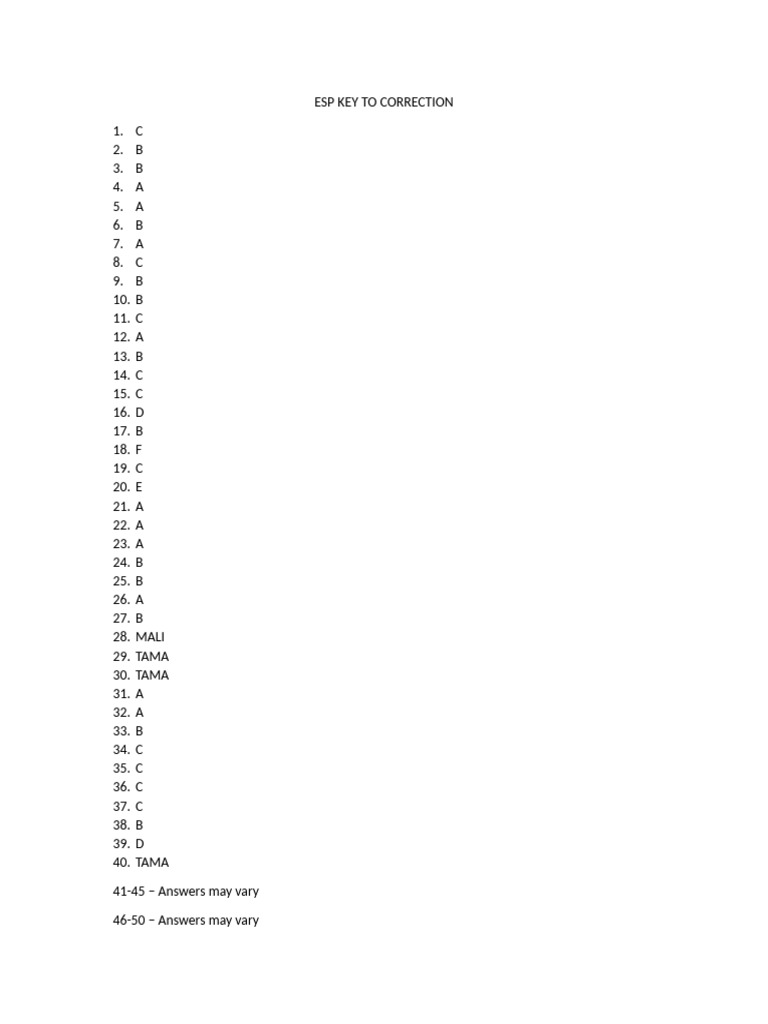 ESP Correction Key Answers List | PDF