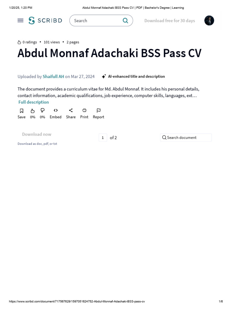 Abdul Monnaf Adachaki BSS Pass CV - PDF - Bachelor's Degree - Learning | PDF | Scribd | Cyberspace