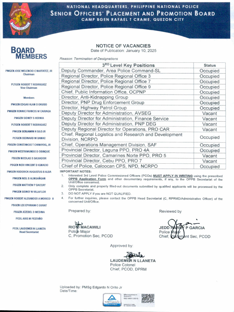 Notice of Vacancies Date of Publication January 10, 2025 | PDF ...