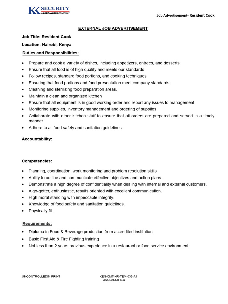 External Job Advertisement -Resident Cook | PDF | Food Safety