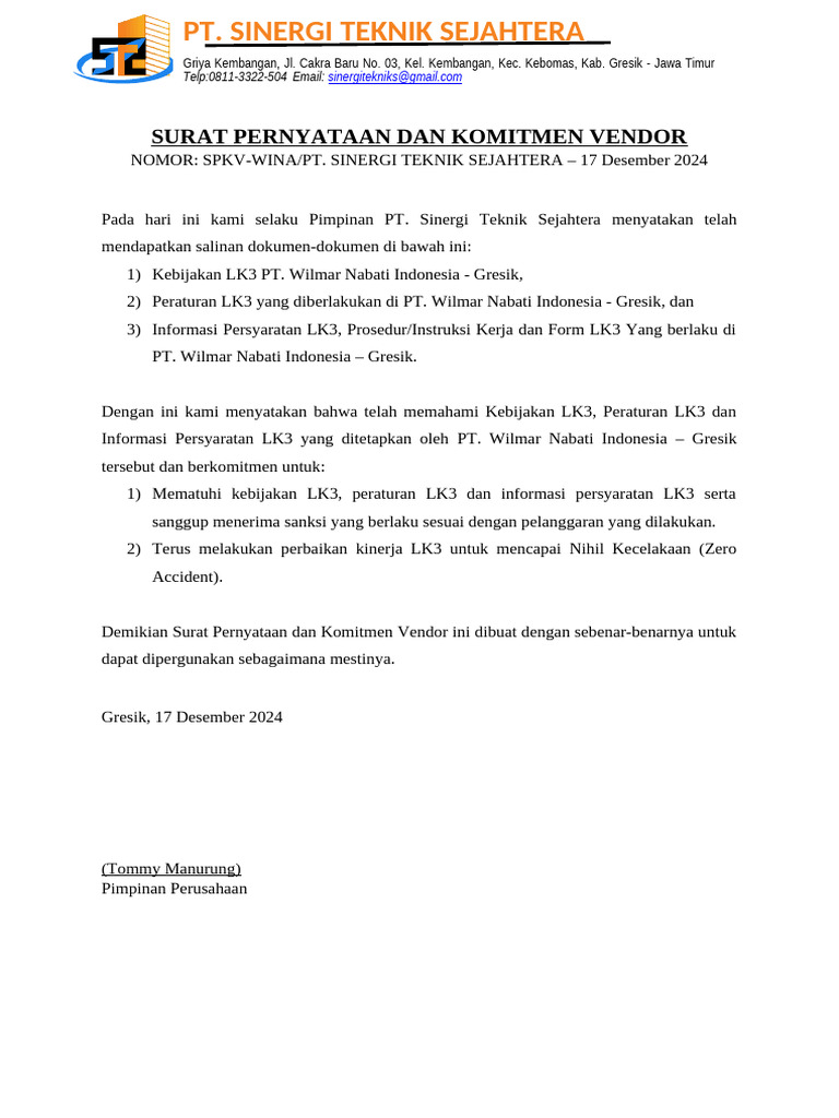 Format Surat Pernyataan Dan Komitmen Vendor - PT Sts | PDF