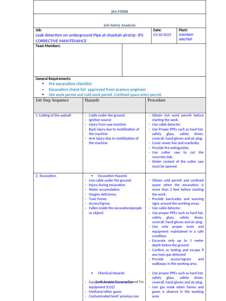 Excavation Job Safety Analysis (JSA) - SHAYBAH | PDF | Personal ...