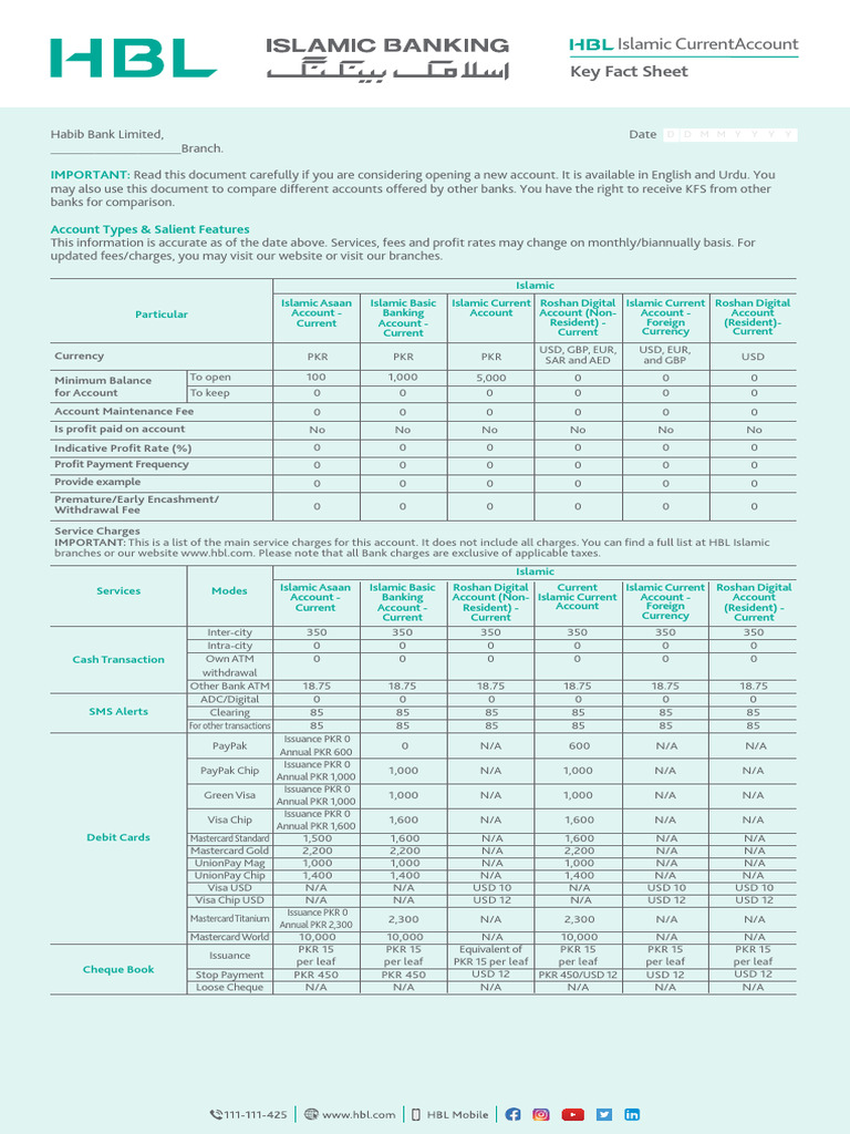KFS HBL Islamic Current Account | PDF | Banks | Banking