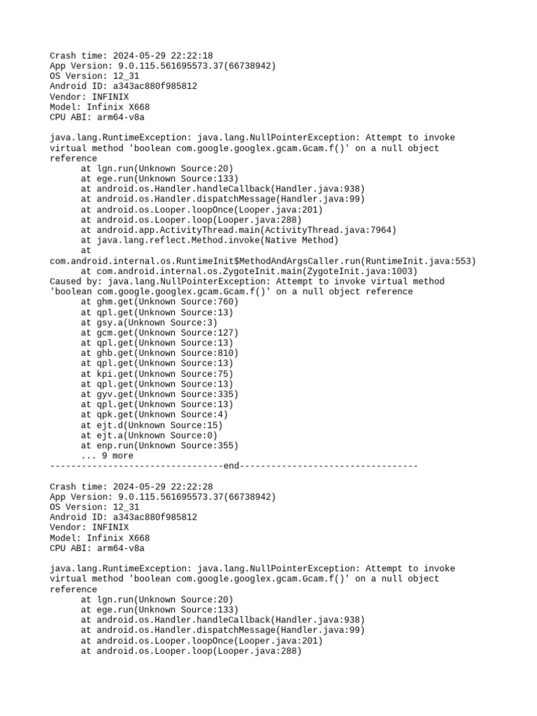 NullPointerException in App Version 9.0 | PDF | Java (Programming ...