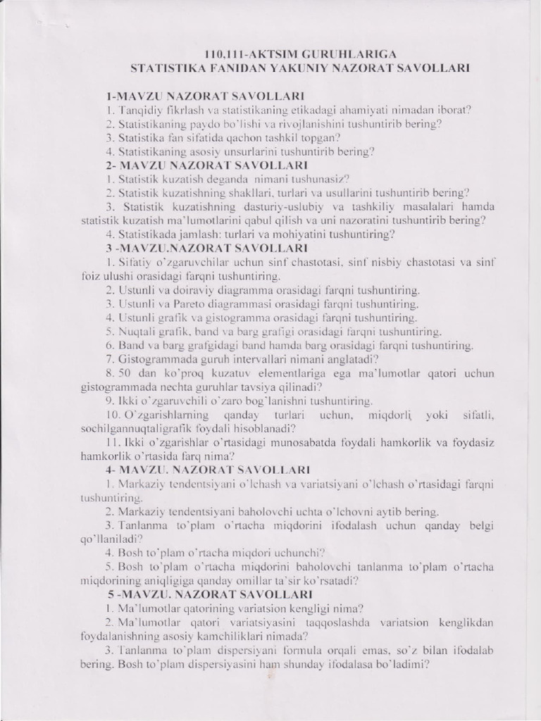 Statistika, Uzb | PDF