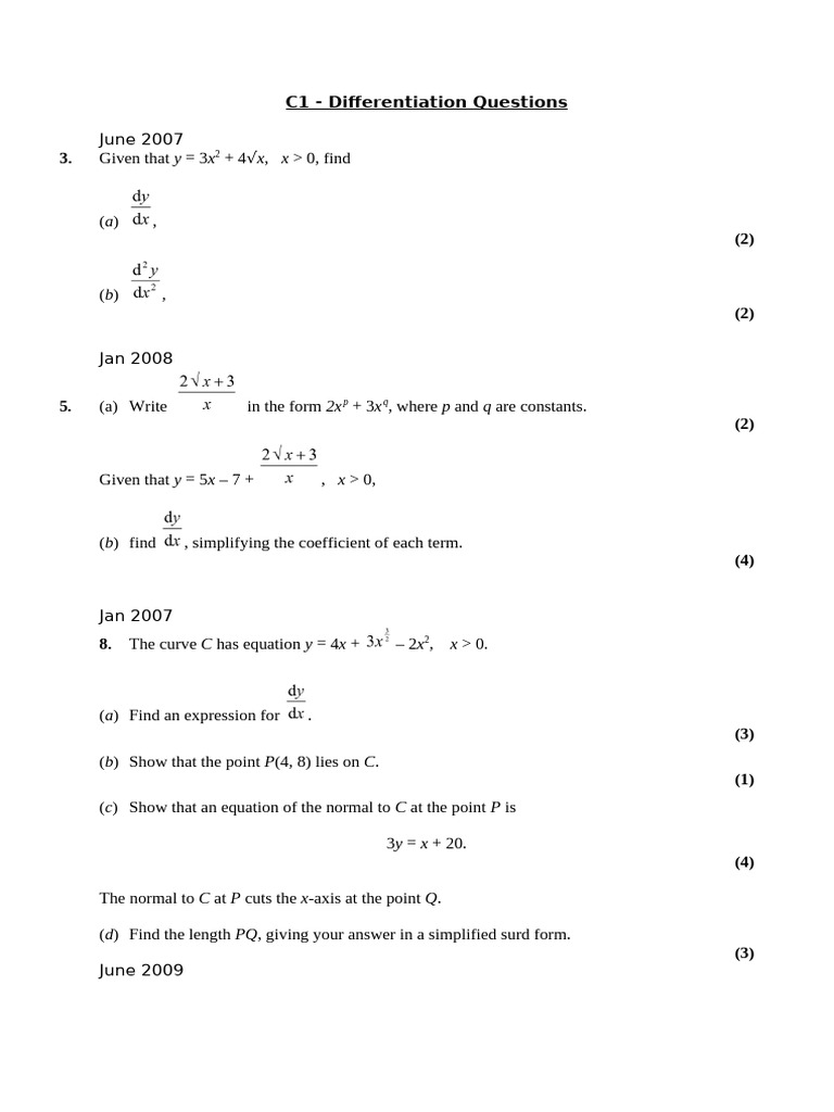 7) C1 Differentiation Questions | PDF | Tangent | Equations