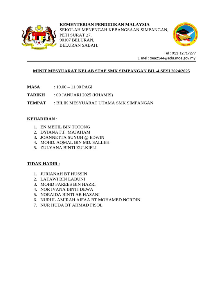 Minit Mesyuarat Kelab Staf Bil.4 2024 | PDF