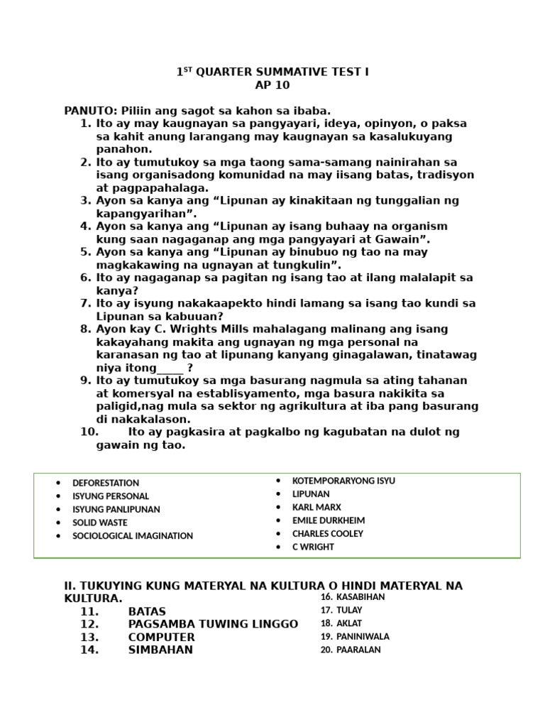 1ST Quarter Summative Test I Ap 10 | PDF