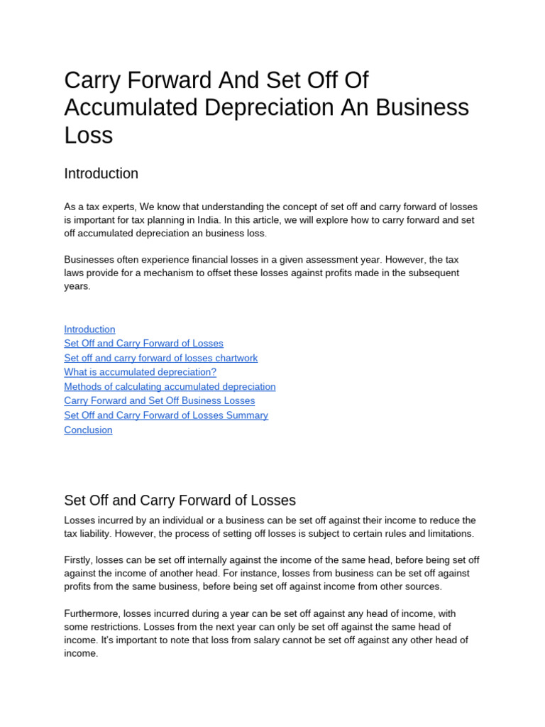 Carry Forward and Set Off of Accumulated Depreciation An Business Loss ...