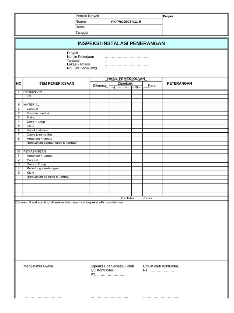 Form-Inspeksi Instalasi Penerangan | PDF