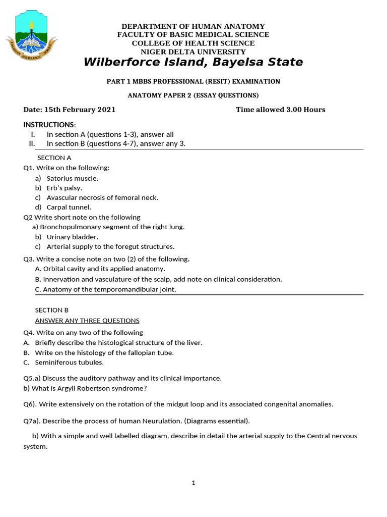 Anatomy Resit Exam Questions 2021 | PDF