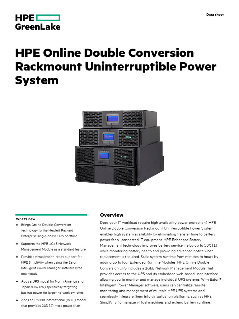 HPE Online Double Conversion Rackmount Uninterruptible Power System data sheet-PSN1011425543WWEN ...