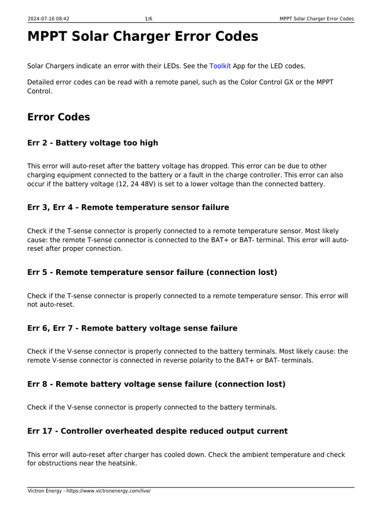 MPPT Solar Charger Error Codes Guide | PDF | Battery Charger ...
