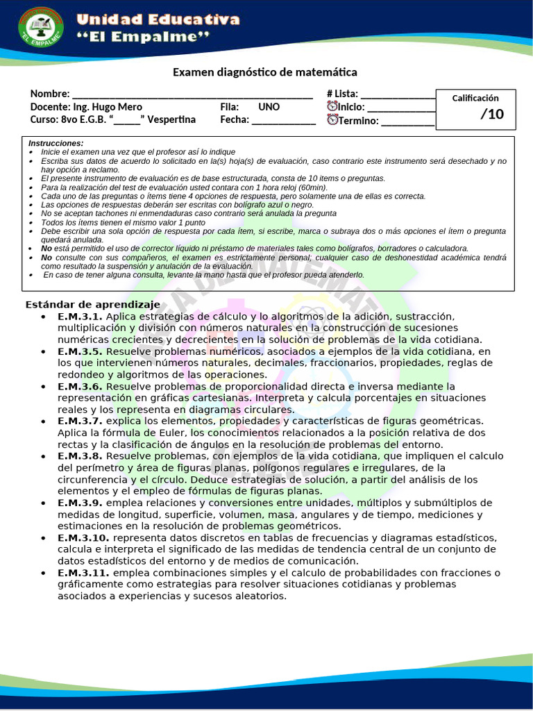 Instrucciones para Examen de Matemáticas | PDF | Geometría | Números