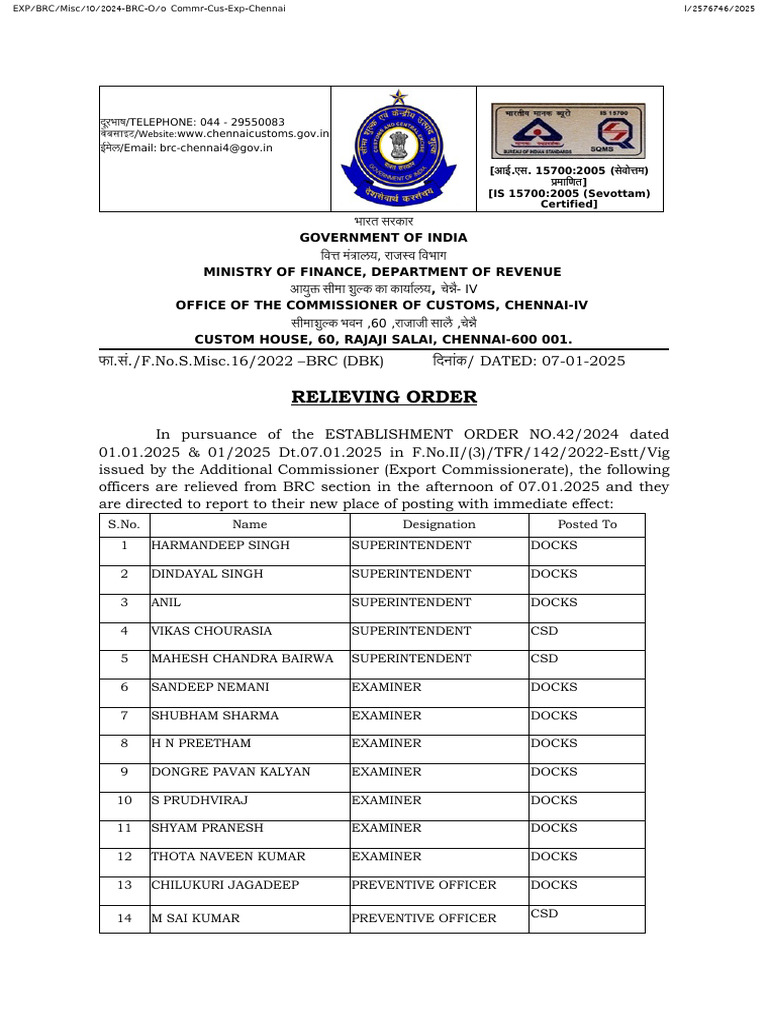 Relieving Order 07.01.2025 | PDF