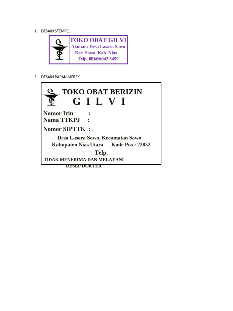 Desain Stempel Dan Papan Merk Toko Obat Gilvi | PDF