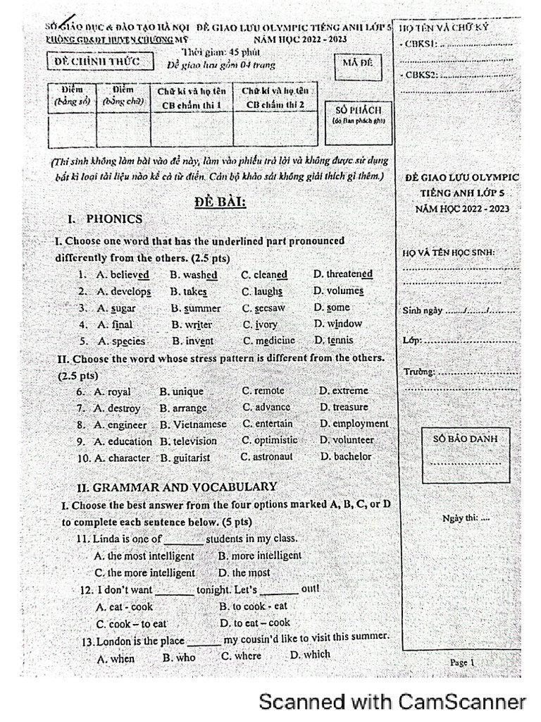 Đề thi HSG lớp 5 chính thức năm học 2022-2023 | PDF