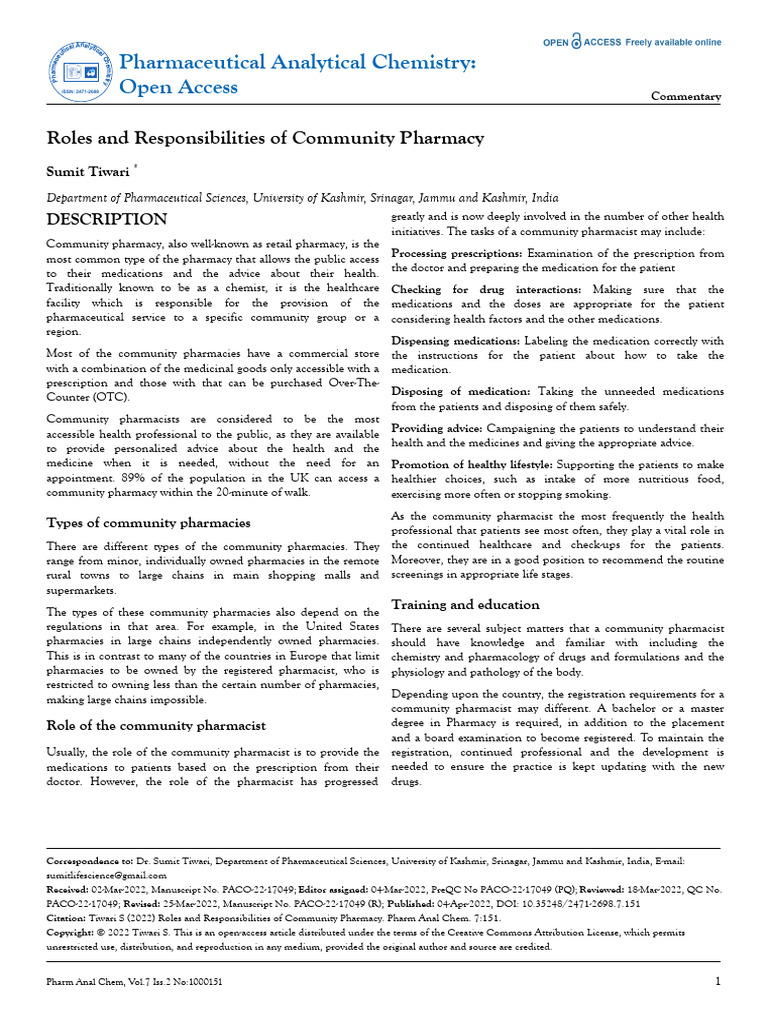 Roles and Responsibilities of Community Pharmacy | PDF | Pharmacy ...