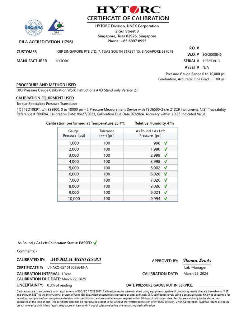 Certificate of Calibration: Pjla Accreditation 117961 | PDF ...