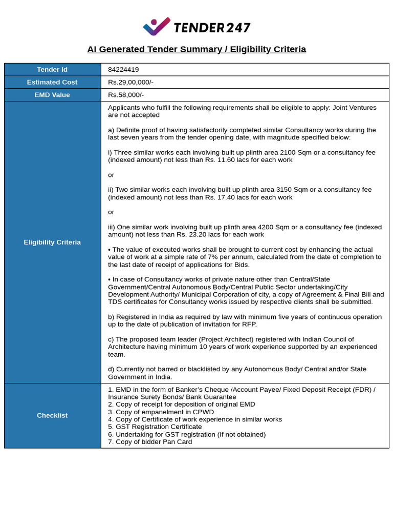 Tender-Summary-84224419 | PDF | Cheque | Banks