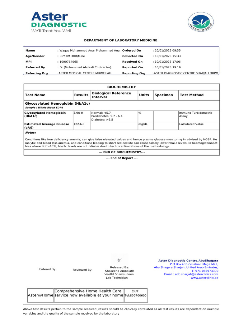 Lab Report 21596649 20250110073002 | PDF | Glycated Hemoglobin | Hematology