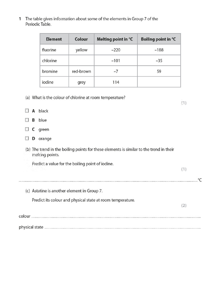 Group 7 (Halogens) - Chlorine, Bromine, Iodine 1 QP | PDF | Chemical ...