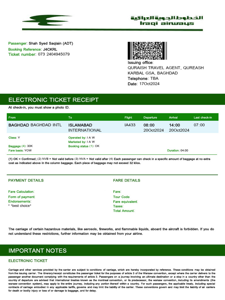Iraqi Airways Eticket (j4ckrl) - Syed Saqlain | PDF