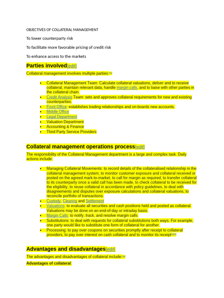 Objectives of Collateral Management | PDF | Margin (Finance ...