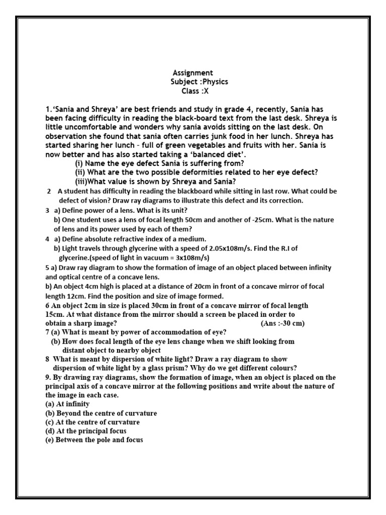 CBSE Class 10 Science - Physics (2) Hots Question | PDF | Optics ...