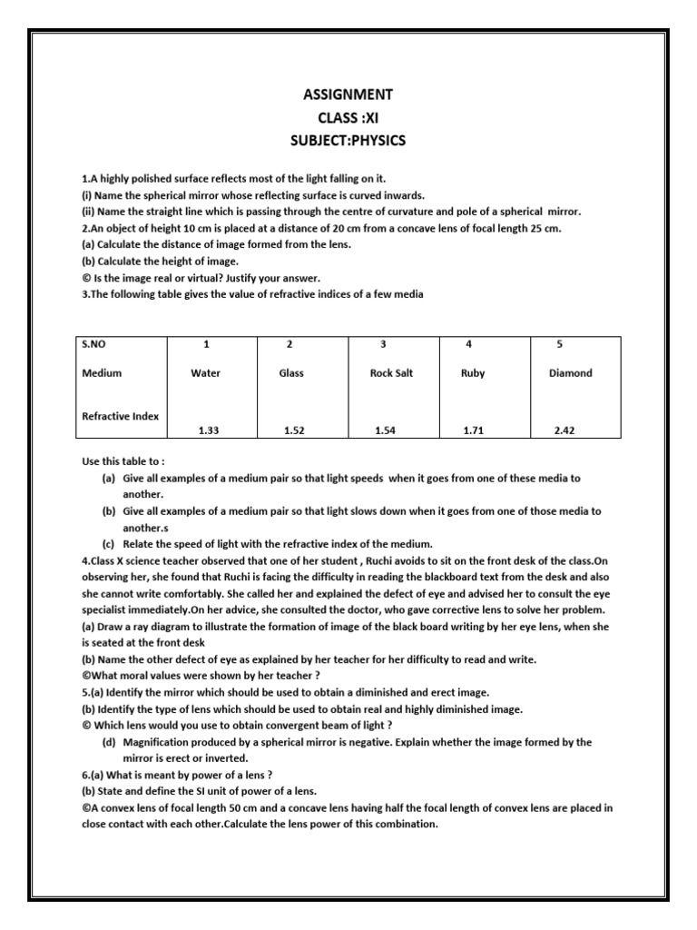 CBSE Class 10 Science - Physics (3) Test Hots Question | PDF | Optics ...