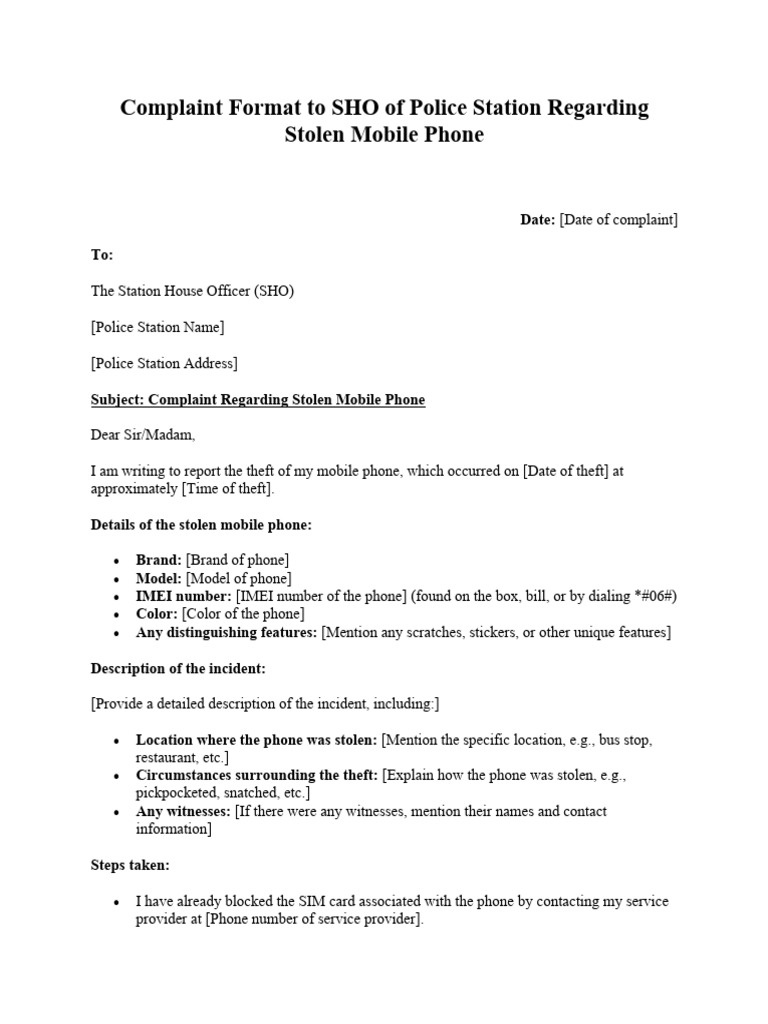 Stolen Mobile Phone Complaint Format | PDF