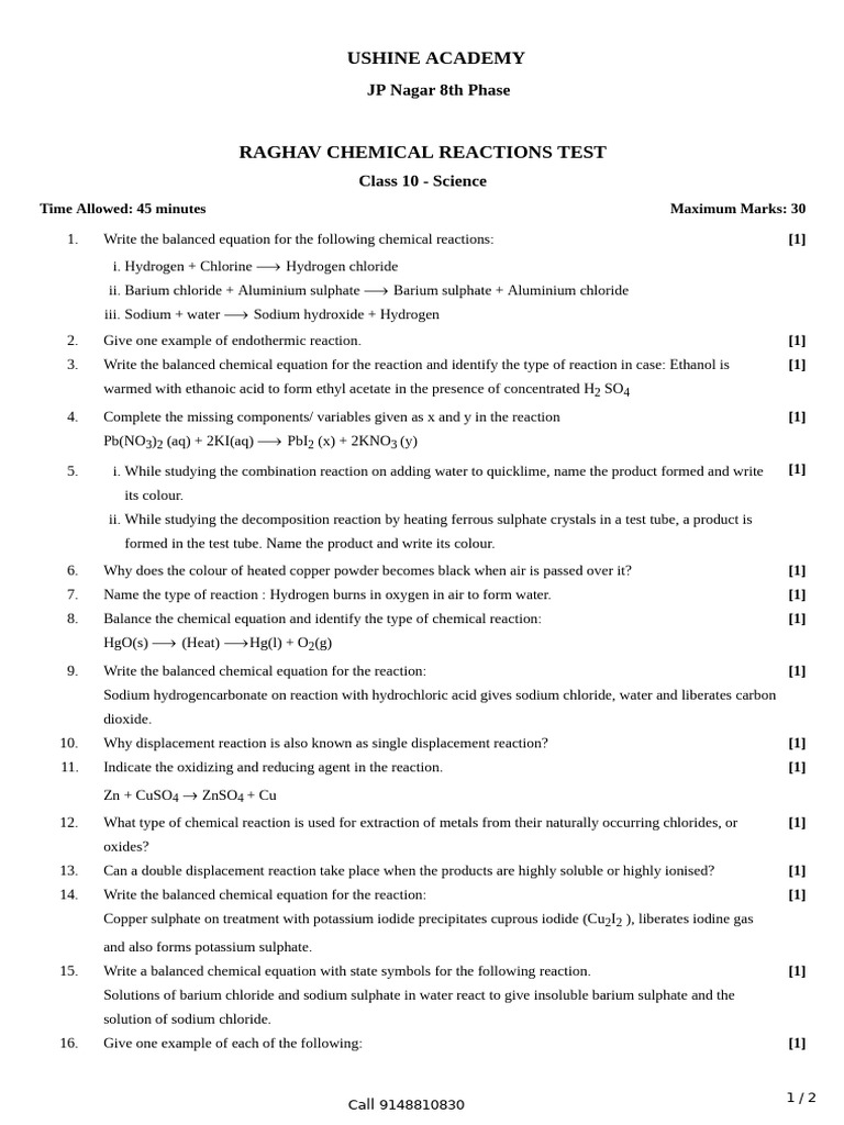 Class 10 Chemical Reactions Test | PDF | Chemical Reactions ...
