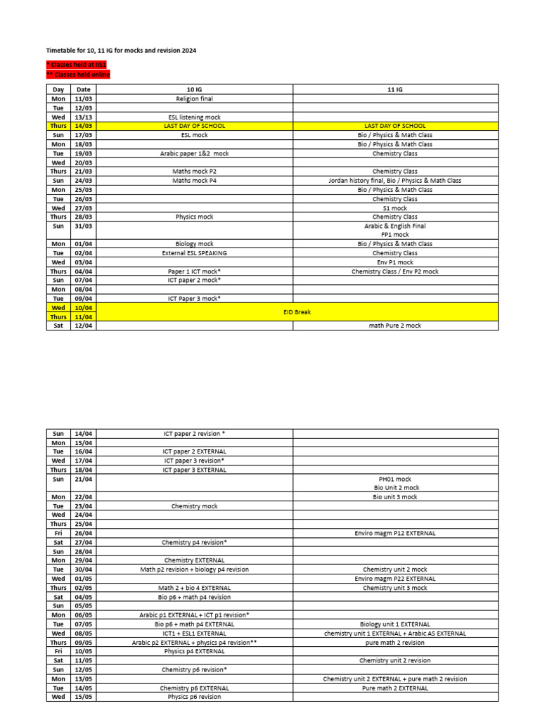 Mocks Timetbale For 10 + 11 Ig 2024 Final Version | PDF | Physical Sciences | Natural Sciences