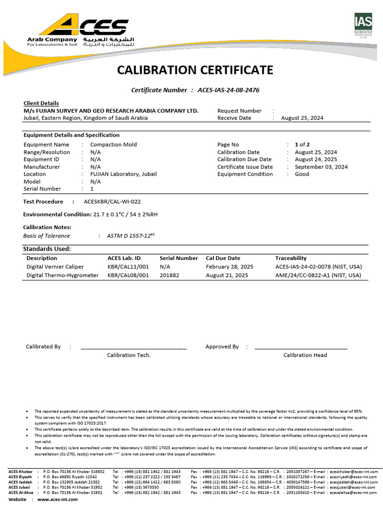 ACES-IAS-24!08!2476 Proctor Mould Calibration Report | PDF ...