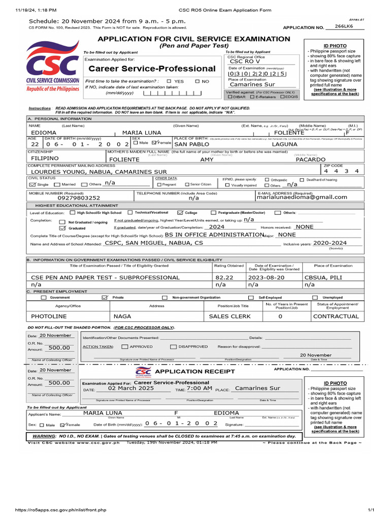 CSC RO5 Online Exam Application Form (front) | PDF