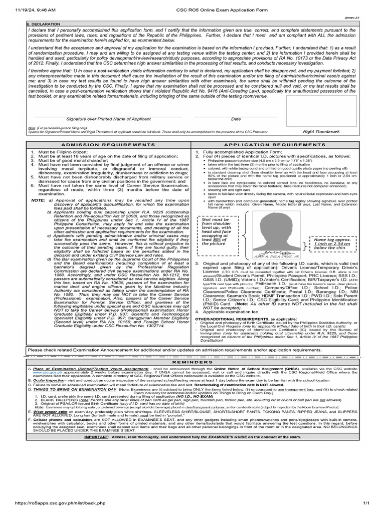 CSC RO5 Online Exam Application Form (back) | PDF