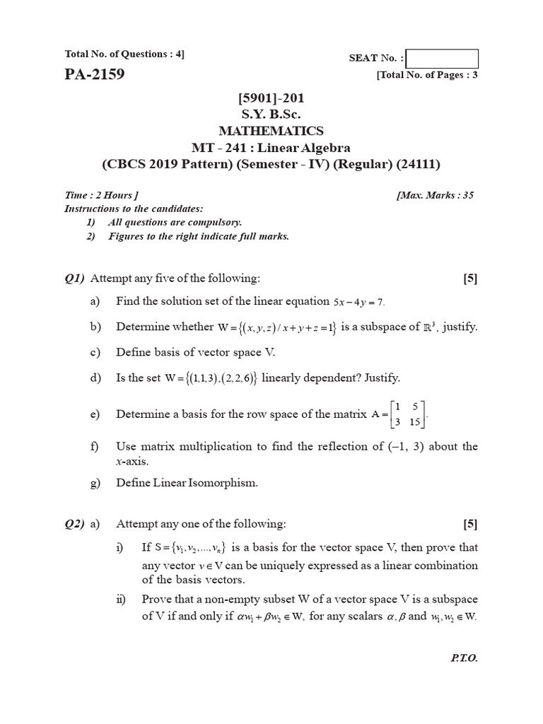 S.y.b.sc (Sem. - IV) 2019 Pattern | PDF | Eigenvalues And Eigenvectors | Linear Map